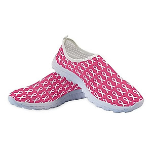 Poetesant Breast Cancer Awareness Water Shoes Women Pink Ribbon Flat Mesh Shoes Ribbons Slip On Walking Shoes Casual Pink Road Running Shoes 39EU