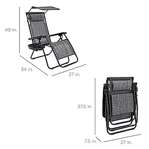 Best Choice Products Folding Zero Gravity Outdoor Recliner Patio Lounge Chair w/Adjustable Canopy Shade, Headrest, Side Accessory Tray, Textilene Mesh - Gray