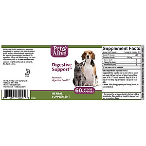 PetAlive Digestive Support - All Natural Herbal Supplement for Cat and Dog Digestive Tract Health - 60 Veggie Caps
