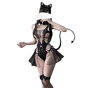 Kawaii Lingerie Cosplay Set for Women Sexy Cat Girl Outfits Slutty Roleplay Underwear Nightgown Sets for Sex Naughty Black