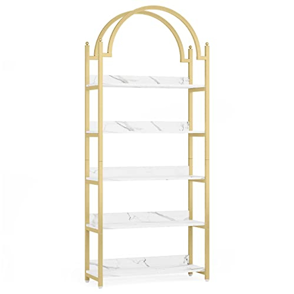 Tribesigns 5-Shelf Gold Etagere Bookcase, Modern Metal Open Arched Bookshelf, 72 Inches Tall Gold Shelves for Living Room, Bedroom(1, White+Gold)