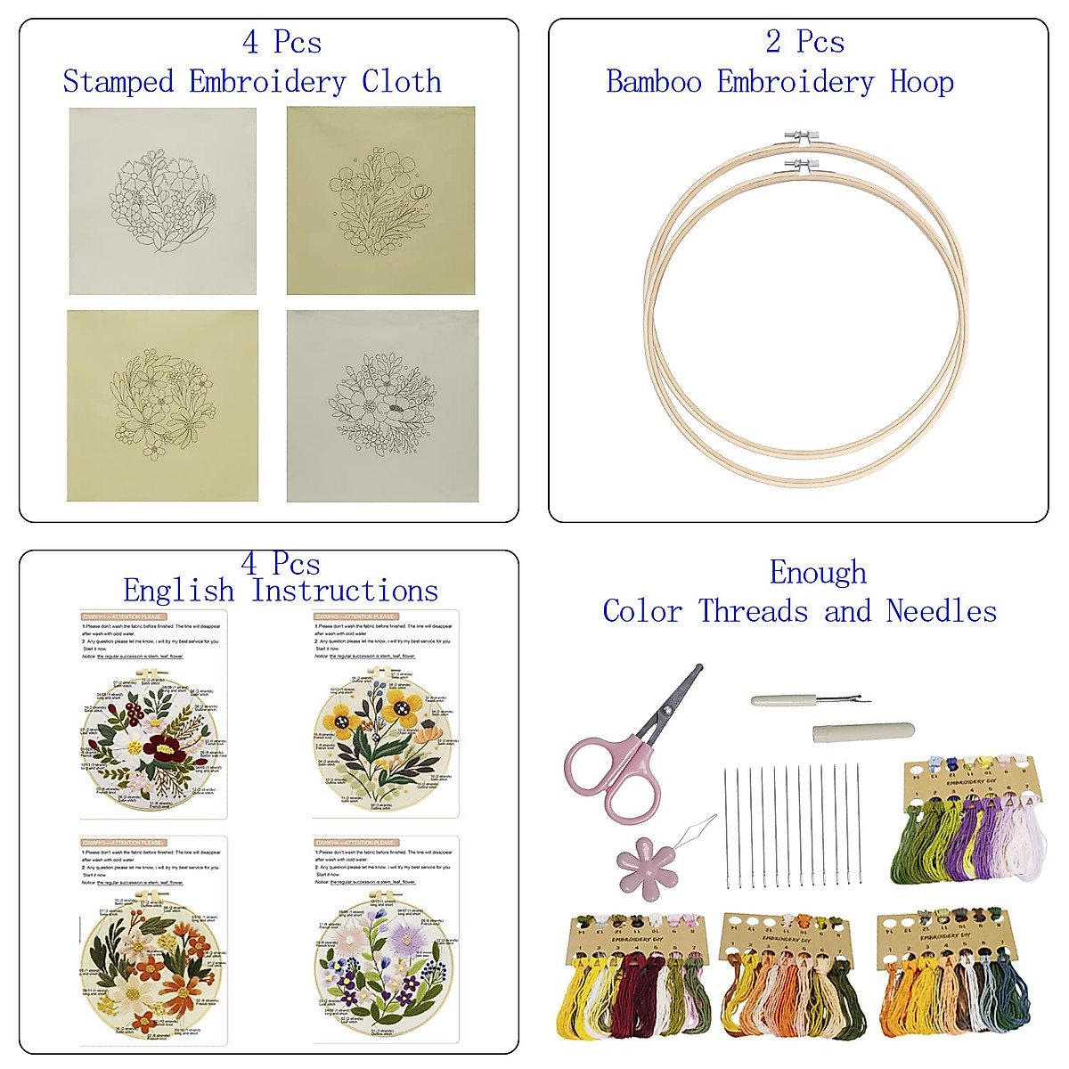 Bonroy 4 Sets Embroidery Kit for Beginners Art Craft Handy Sewing Include Embroidery Clothes with Pattern, Hoops, Instructions,Color Threads Needle Kit (Multi 1)