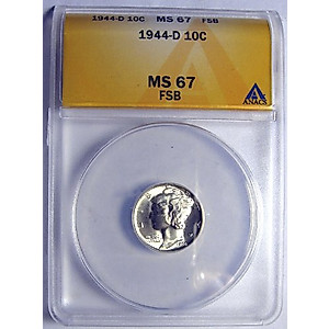 1944 D U. S. Winged Mercury Dime 10 Cent Silver Liberty Old Coin Anacs Certified UNC. MS 67 FSB