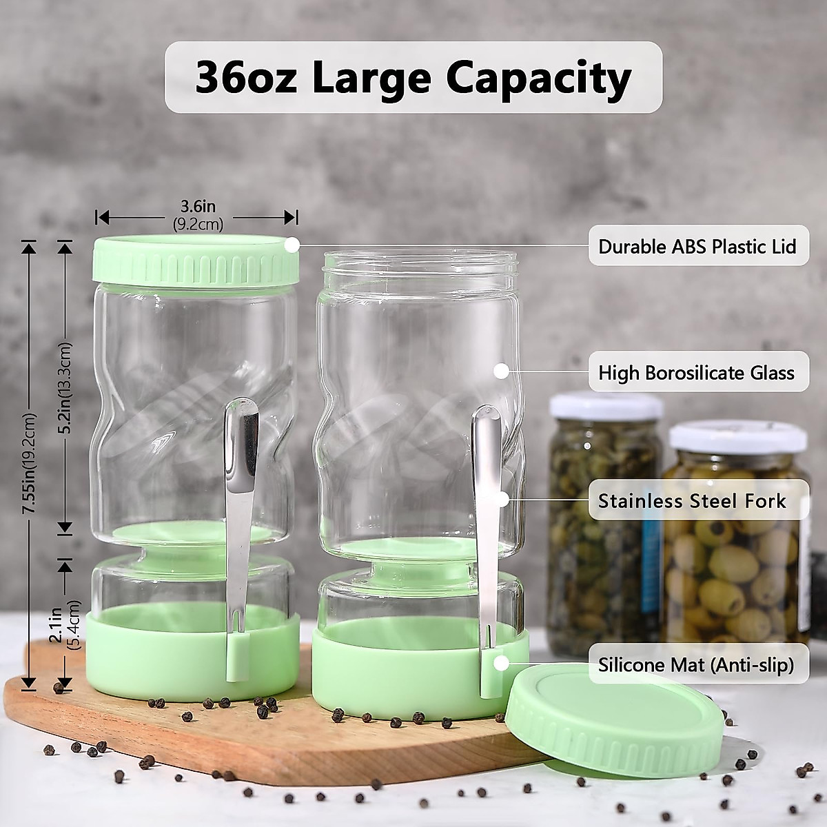 Glass Pickle Jar with Strainer Flip and Stainless Steel Fork, 36oz Leakproof Airtight Large Pickle Container with Strainer, Hourglass Pickle Juice Separator Jar for Olive, onions, gherkin