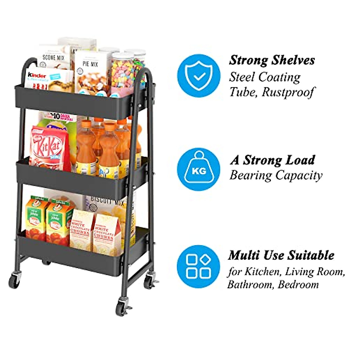 Wisdom Star 3 Tier Utility Rolling Cart, Heavy-Duty Mesh Storage Cart with Locking Wheels, Metal Mobile Trolley Cart for Home, Kitchen, Bathroom, Office，Black