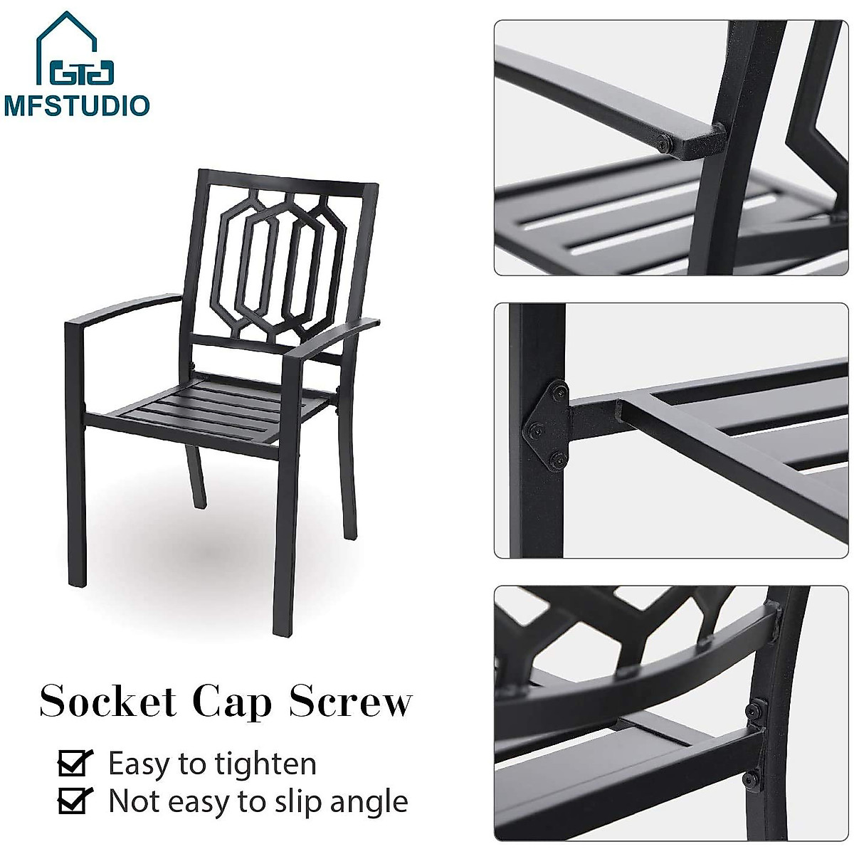 MFSTUDIO Patio Dining Set for 4, Patio Furniture Set with Umbrella(Navy Blue), 4 Stackable Chairs, 1 Metal Square Table and 1 10ft Umbrella(Base Not Included)