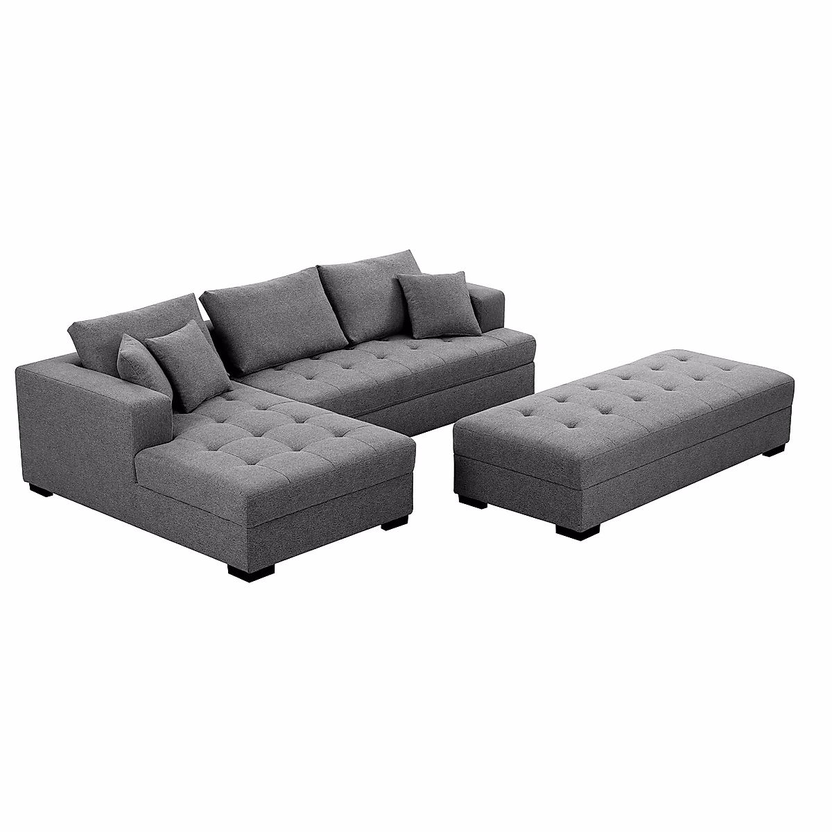 FANYHOME 111'' Tufted Fabric 3-Seat L-Shape Sectional Sofa Couch Set w/Chaise Lounge, Ottoman Coffee Table Bench for Living, Family & Game Rooms (Dark Grey), Light Gre