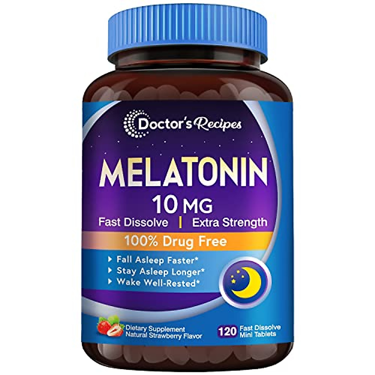 Doctor‘s Recipes Melatonin 10 mg Fast Dissolve 120 Tablets, Natural Sleep Support, Promote Relaxation & Calmness, Non-GMO, Natural Strawberry Flavor, No Water Needed