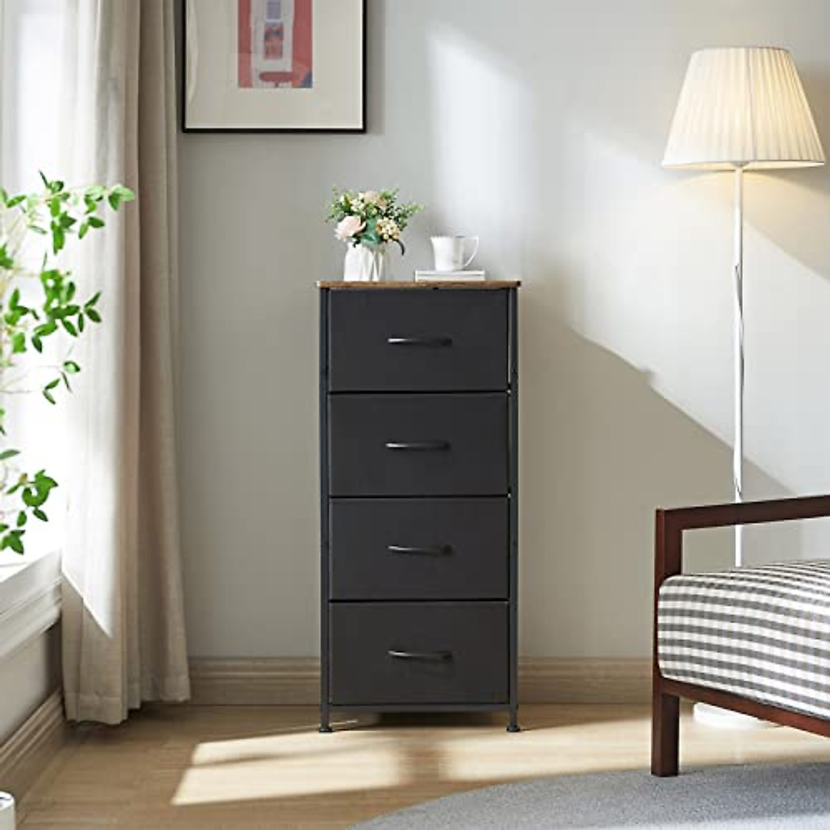 Somdot Tall Dresser for Bedroom with 4 Drawers, Storage Chest of Drawers with Removable Fabric Bins for Closet Bedside Nursery Laundry Living Room Entryway Hallway, Black/Rustic Brown