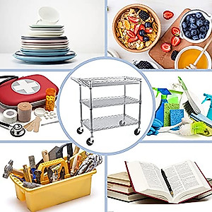 WDT Heavy Duty 3 Tier Rolling Utility Cart, Kitchen Cart on Wheels Metal Serving Cart Commercial Grade with Wire Shelving Liners and Handle Bar for Kitchen Office Hardware
