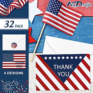 AnyDesign 32 Pack Patriotic Thank You Cards with Envelopes Stickers American Flag Greeting Cards 4th of July USA Note Cards for Party Essentials Independence Day and All Occasions