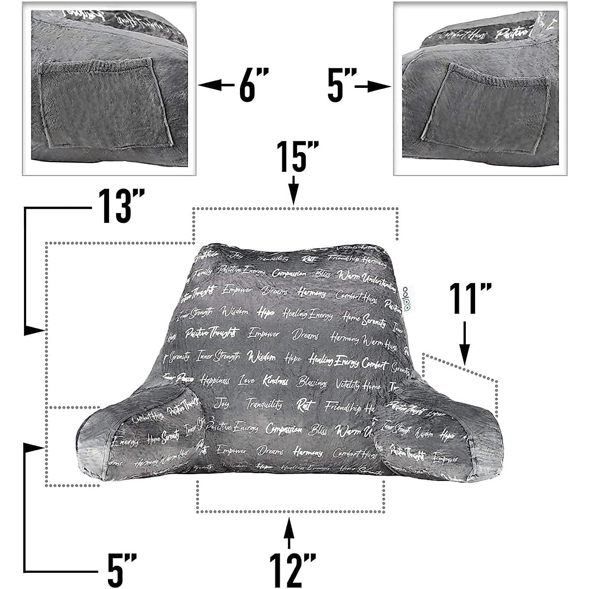 MYOOLOO Gratitude Reading Study Pillow Bed Wedge with Arms and Pockets Bolster Back Support Lumbar - Certified USA Made Memory Foam