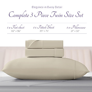 Carressa Linen 100% Egyptian Cotton Sheets - 600 Thread Count 3 PC Twin Size Sheet Set, Soft, Cooling, High Thread Count Sateen Weave, Extra Long Staple Luxury Bedding, 16 in Deep Pocket - Beach Sand