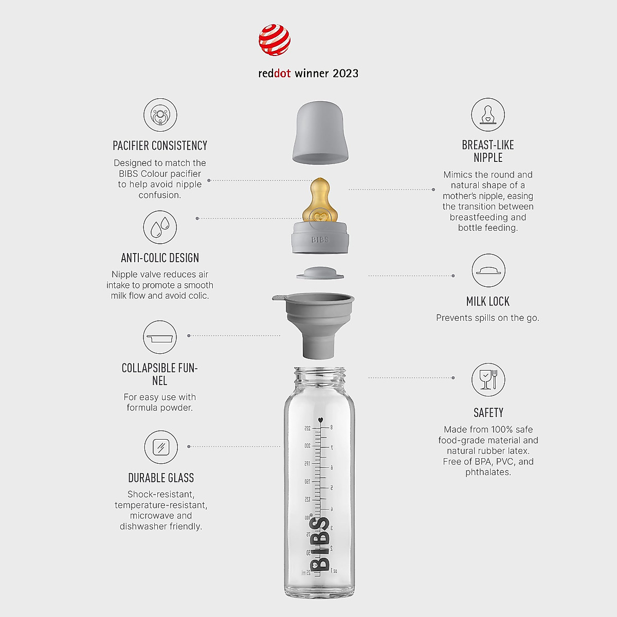 BIBS Baby Glass Bottle. Anti-Colic. Round Natural Rubber Latex Nipple. Supports Natural Breastfeeding, Complete Set - 225 ml, Cloud