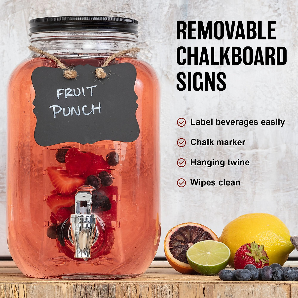 Beverage Dispenser with Stand for Parties - Two 1 Gallon Glass Mason Jar Drink Dispensers with Stand for Water, Lemonade, Punch, Juice or Adult Beverages