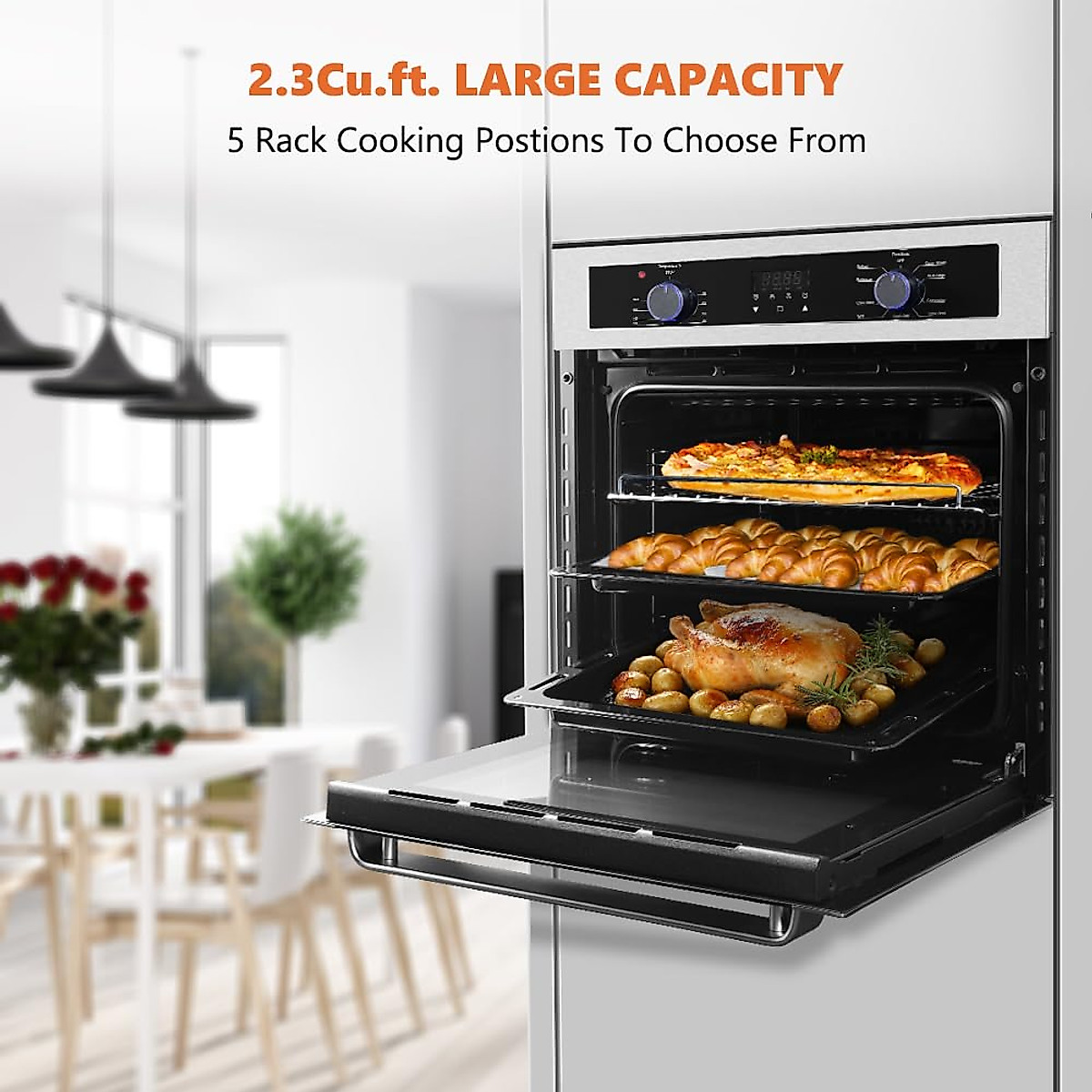 24 Inch Single Wall Oven, ETL Certified,ThermoMate 2.3Cu. Ft. Electric Built-in Oven with 9 Cooking Functions, 360° ROTATING ROTISSERIE, Sensor Touch Control, Stainless Steel