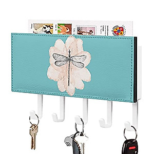 Dragonfly Pink Flower PU Leather Wall Mounted Key Hook Organizer Hanging Key Holder Decoration