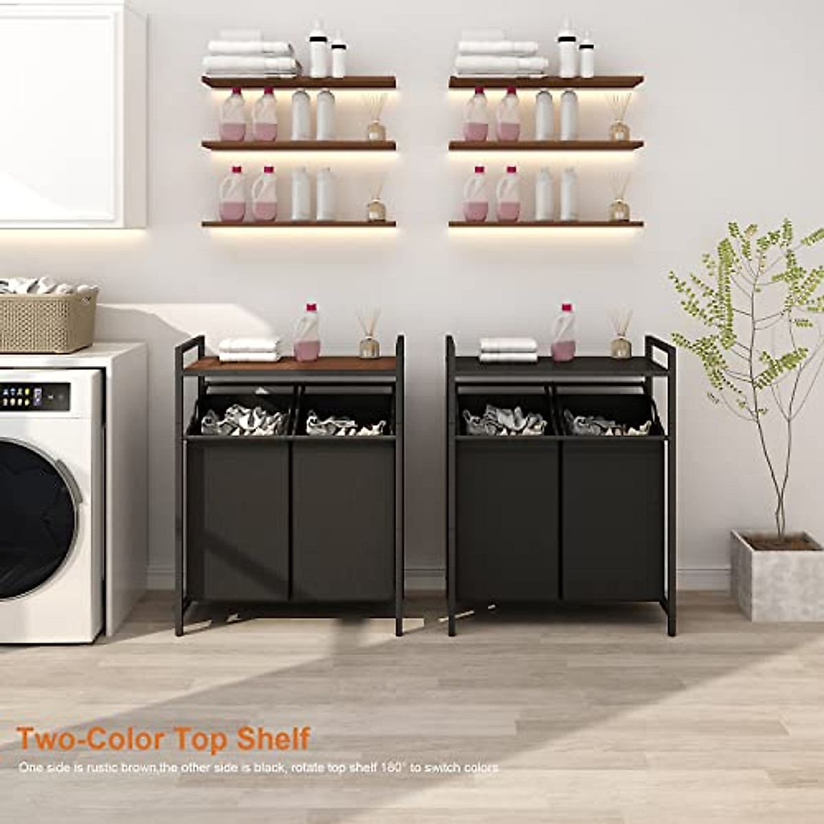 LAATOOREE Double Laundry Hamper with Top Shelf, Two-Color Tall Laundry Basket with 2 Removable Laundry Sorter Bags, Clothes Hamper for Laundry Room, Bedroom - Black Walnut and Black