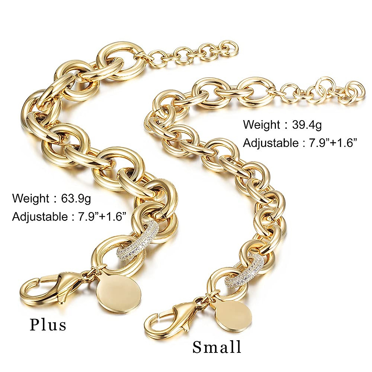 Jinbaoying CZ Wide Cuban Curb Link Bracelets for Women Adjustable Extenders Chunky Bracelet Gold Silver Rose Gold Plated Stainless Steel Link Charm Chain with Round Disc Charm (Small Disc Gold)