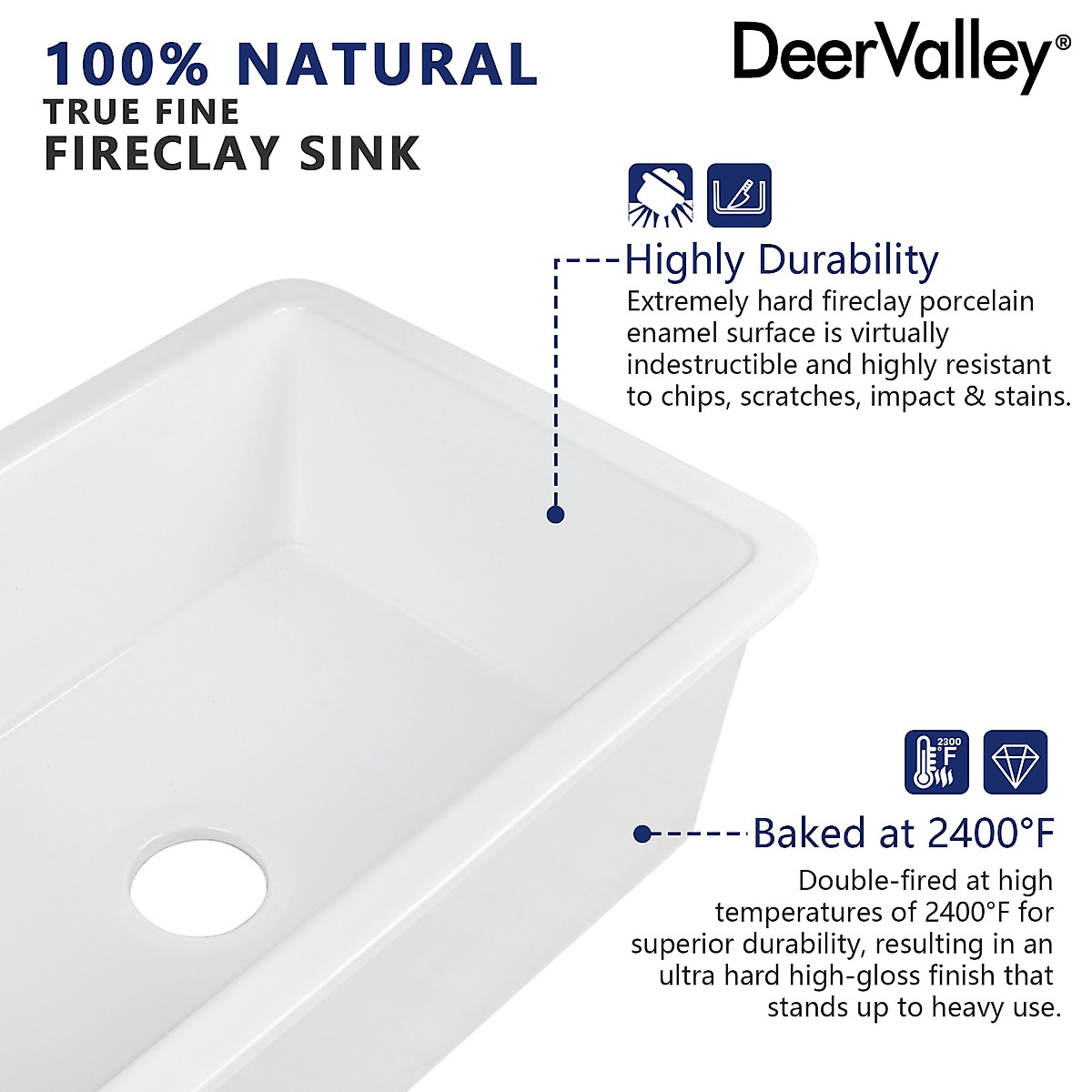 Undermount Kitchen Sink, DeerValley DV-1K513 Glen 30" L x 20" W White Single Bowl Kitchen Sink Fireclay Undermount Sink with Sink Grid and Basket Strainer