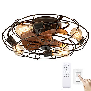 LUDOMIDE Caged Ceiling Fan Light with Remote, 21" Small Flush Ceiling Light with 3 Enclosed Blades and 6 Wind Speeds for Bedroom, Living Room