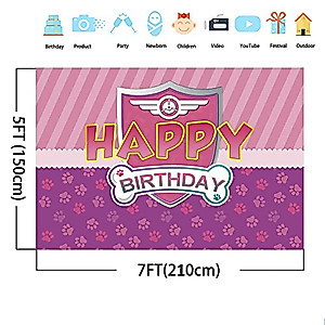 7x5ft Pink Skye Dog Patrol Birthday Backdrop Paw Print Happy Birthday Banner Decorations Background for Girls Puppy Dog Birthday Party Supplies