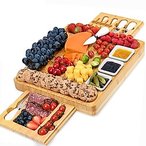 Cheese Board and Knife Set, Bamboo Charcuterie Boards Large Extra Meat Charcuttery Platter Serving Tray for Housewarming Thanksgiving Personalized Holiday Christmas Birthday Wedding Party Gifts Ideas