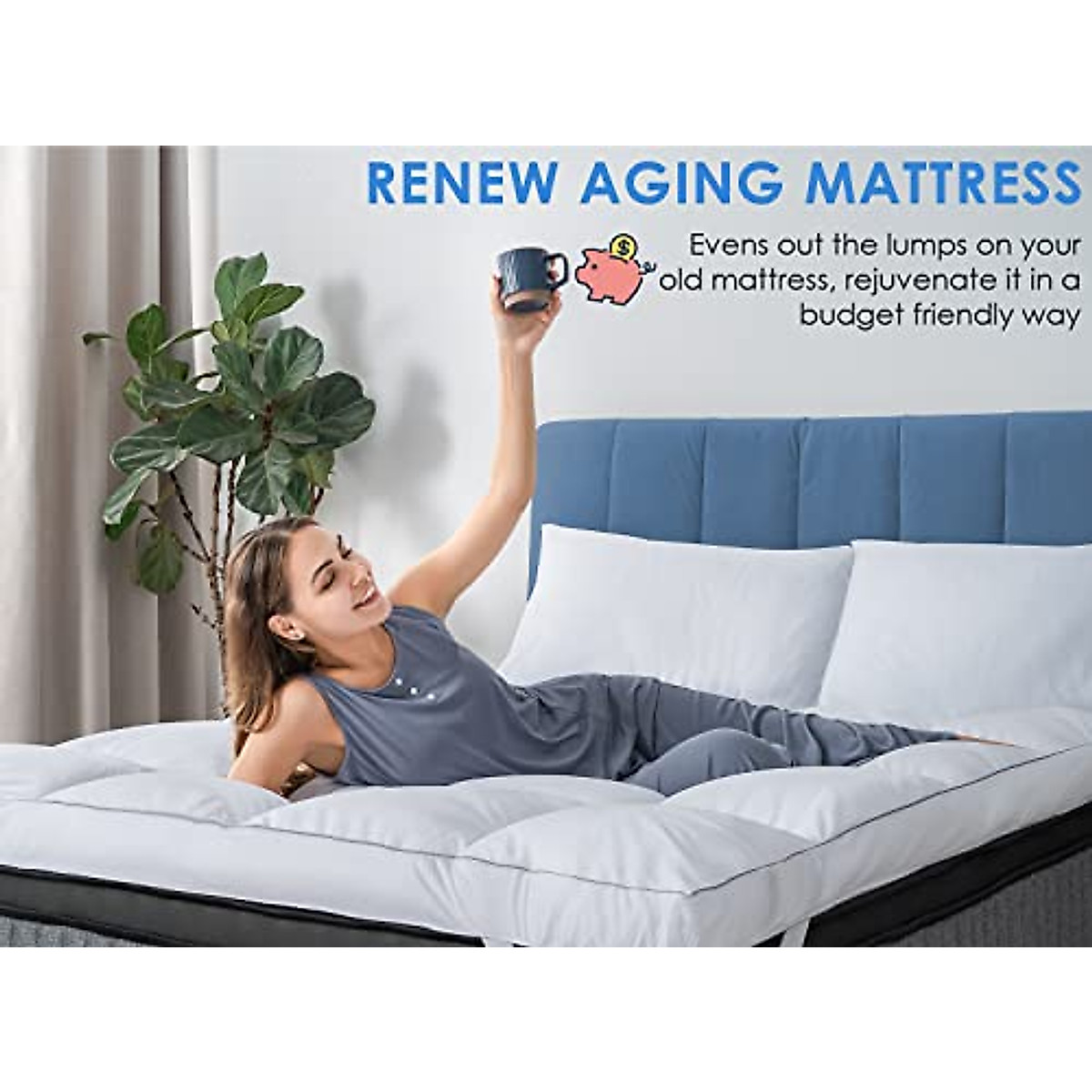 QUEEN ROSE Mattress Topper Queen, Extra Thick Mattress Pad Pillowtop for Back Pain Relief, Soft Bed Cover for Firm Mattress, Plush Overfilled Down Alternative Mattress Protector