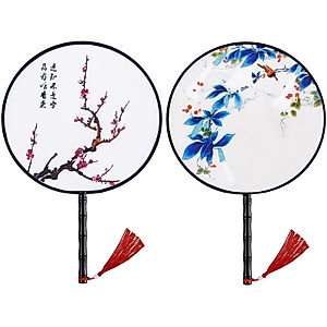 Whaline 2 Pack Chinese Round Fan, Ancient Hand Fan, Translucent Silk Hand Held Fan, Pink Blue Traditional Palace Paddle Dance Fan, Vintage Double-Sided Pattern Fan For Wedding Favor Gift Home Decor
