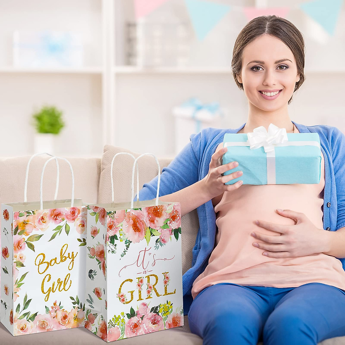 16 Pack Baby Shower Party Favor Bags Baby Shower Party Favors Baby Girl Treat Bags Floral Theme Pink Candy Goodie Bags Kraft Wrap Bags with Handles for Girls Baby Shower Party Decorations Supplies