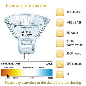 Sevici MR11 Halogen Bulb 12V 35W Dimmable FTD Spotlight Bulb 36° Beam 2700K Warm White MR11 Bulb GU4 Dual Pin Base, Glass Cover for Range Hoods Track Lighting Landscape Recessed Bulbs