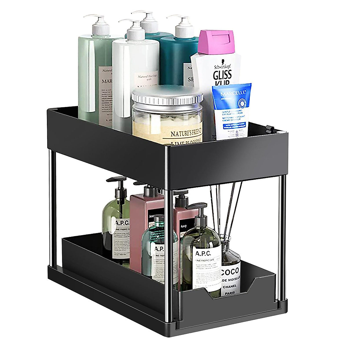 Kitchen Multi-Purpose Sink Organiser, Under Drawer Organiser, Under Sink Storage, 2 Tier Under Cabinet Organiser with Hooks and Cups, Cupboards, Bathrooms and Kitchens, Black