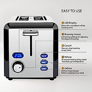 Toaster 2 Slice Stainless Steel Digital Toaster with Countdown Timer, Easy to Use, 800W, 6 Toast Settings, Reheat, Defrost, Cancel Functions, Removable Crumb Tray, Extra Wide Slots Bread Toaster