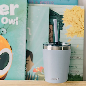 CUPKIN Stackable Stainless Steel Kids Cup Smoothie Tumbler, Powder Coated Insulated Tumblers, BPA Free Lid and Silicone Straw 8 Fl Oz (Pack of 1), Gray