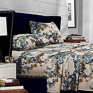 Tribeca Living King Bed Sheet Set, 300 Thread Count Soft Cotton Sateen, Floral Print with Extra Deep Pockets, 4-Piece Bedding Set, Casablanca/Multi