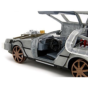 Delorean Brushed Metal Time Machine (Train Wheel Version) with Lights Back to The Future Part III (1990) Movie Hollywood Rides Series 1/24 Diecast Model Car by Jada 34996