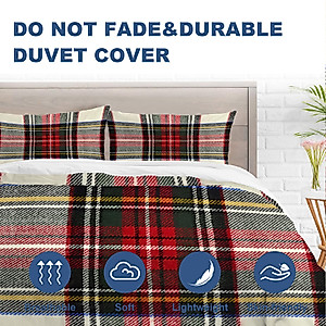 Batmerry Scottish Tartan King Size 3 Pieces Bedding Comforter Cover Sets, Soft Fluffy Green Wool Plaid Symmetric Square Fashion 100% Cotton Printed Duvet Cover for All Season