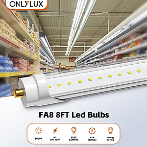 ONLYLUX 8 Foot Led Lights, T8 96" 45Watt FA8 Single Pin LED Shop Lights 5850LM, Ballast Bypass, 6000k, F96 8ft Led Bulbs Fluorescent Replacement,Workshop, Warehouse, Clear Cover(12 Pack)