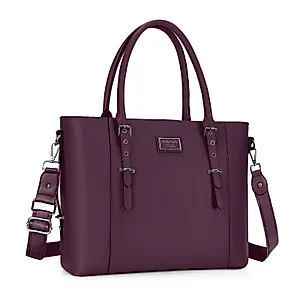 MOSISO PU Leather Laptop Tote Bag for Women (17-17.3 inch), Waterproof Large Capacity Business Work Briefcase Shoulder Laptop Bag, Plum
