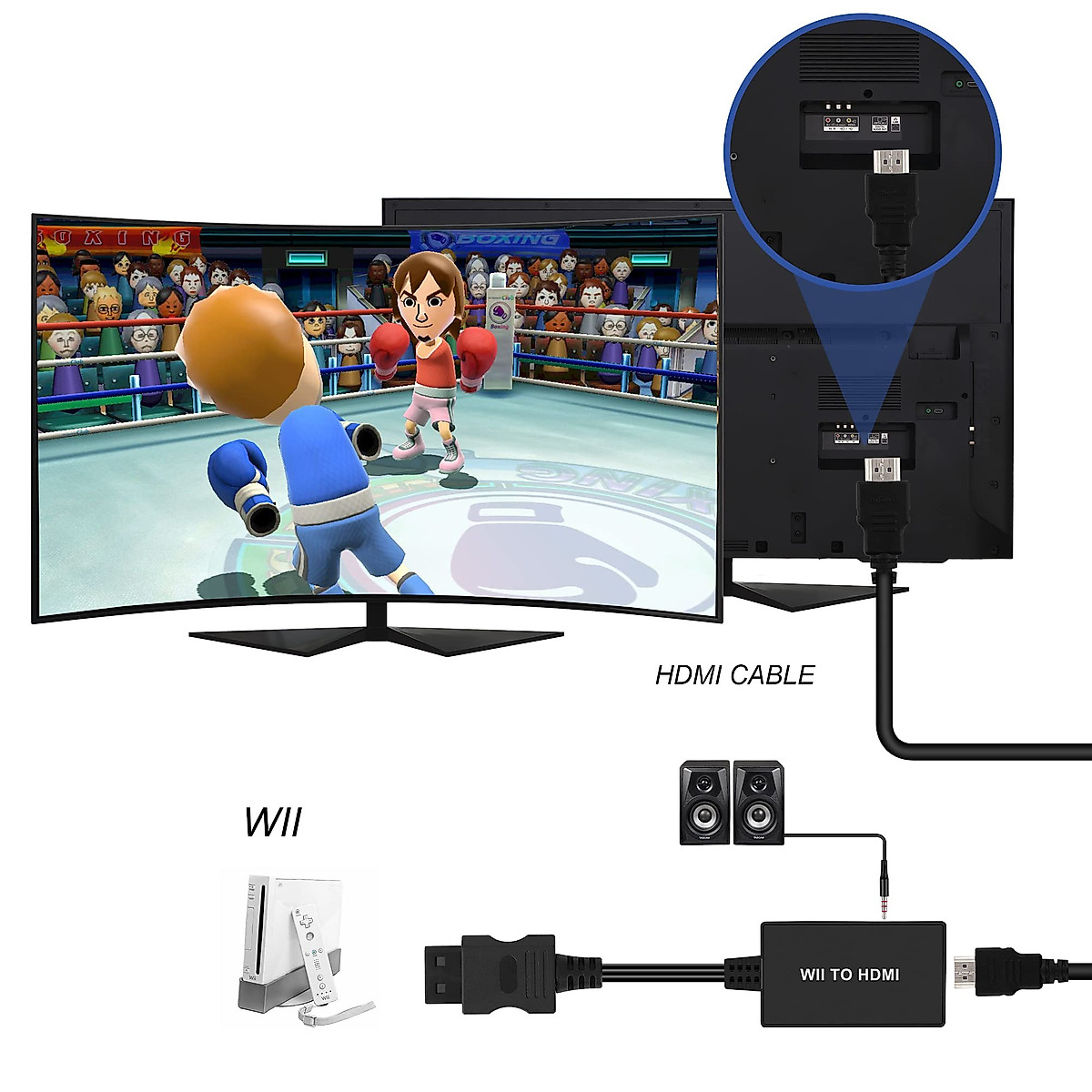 Wii to HDMI Converter, Wii Signal to HDMI Support 720P 1080P 3.5MM Audio Video Output Adapter with 1M HDMI Cable for Nintendo Wii