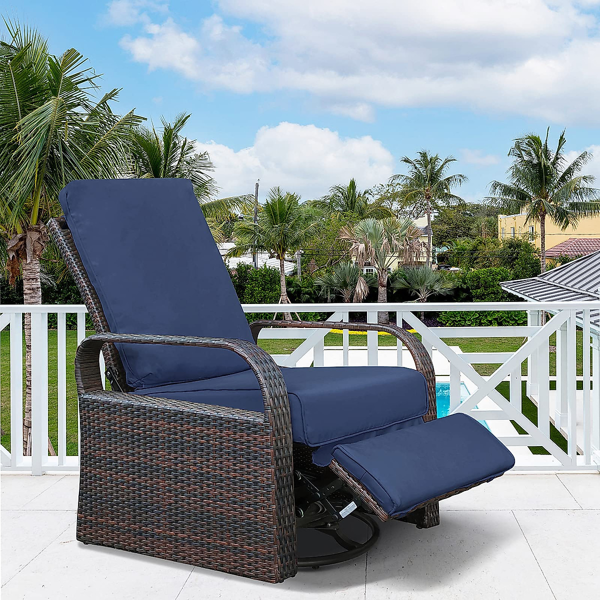 Skypatio Outdoor 360° Swivel Rattan Recliner Chair, Adjustable Backrest Patio Wicker Recliner Lounge Chair with Comfortable Cushions, All-Weather Resin Rattan & Aluminum Frame(Navy Blue)