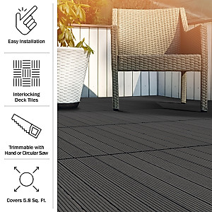 Interlocking Deck Tiles - 6-Pack 11.6-in Wood Plastic Composite All-Weather Outdoor Flooring Balcony Poolside or Patio by Pure Garden (Gray)