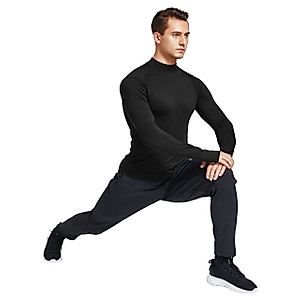 FitsT4 Sports Men's Thermal Fleece Lined Mock Neck Baselayer Tops Long Sleeve Running Athletic Shirt with Thumbholes Black XXL