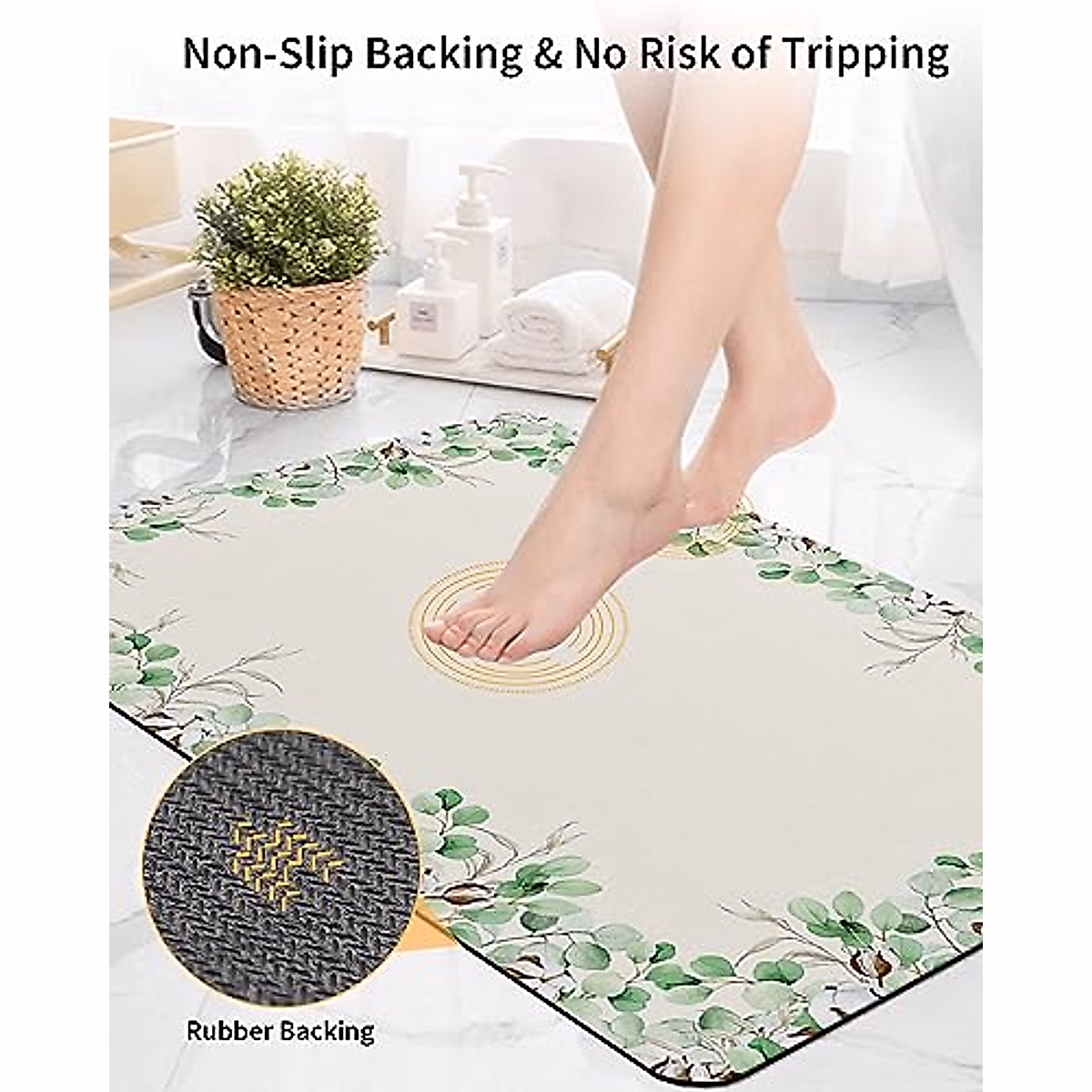 Gogobebe Super Absorbent Diatom Mud Mat Summer Eucalyptus Leaves Watercolor Retro Linen Quick-Drying Thin Bath Mat Non-Slip Bathtub Mat Anti-Skid Rubber Bathroom Shower Mat 16x24in