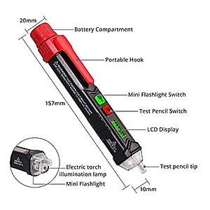 Neoteck Non-Contact AC Voltage Tester Pen Phase Sequence Detector with Adjustable Sensitivity 12V-1000V/48V-1000V, LCD Display, Buzzer Alarm, LED Flashlight, Live/Null and 3 Phase Wire Judgment