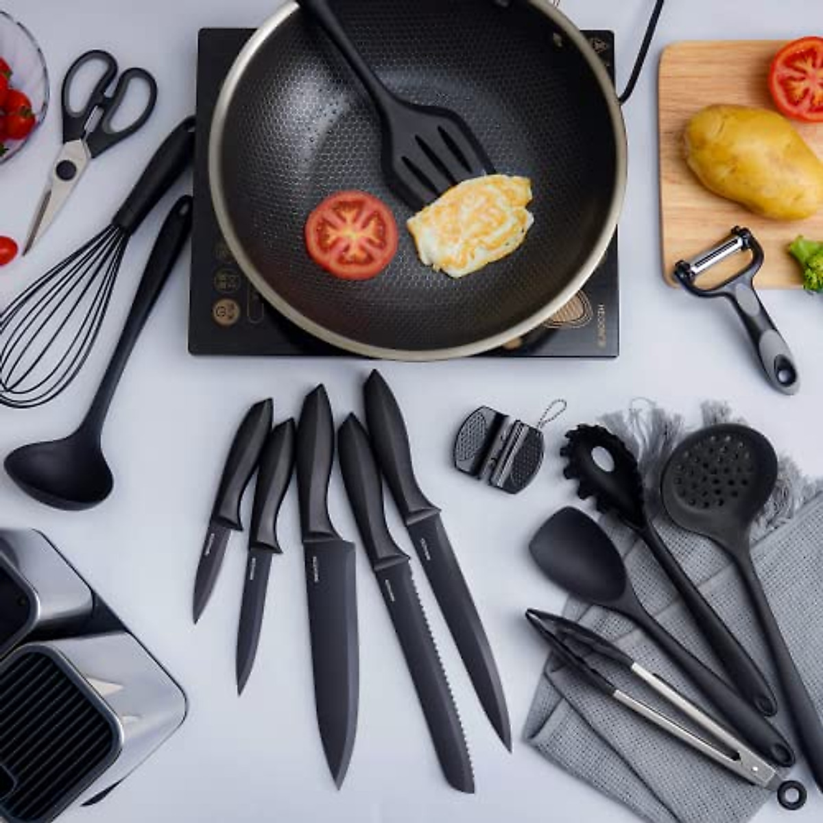 18 Pieces Black Kitchen Utensils Set Cooking Utensils Set Stainless Steel Knife Set with Block, 7 Piece Silicone Cooking Utensils Set with Scissors Vegetable Peeler Knife Sharpeners Cutting Board