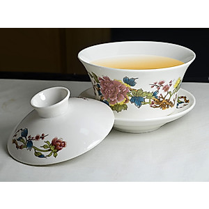YXHUPOT Gaiwan White Porcelain Large Teacup Sancai Tea Cup Set Beauty Pattern Blum (16oz large bloom)