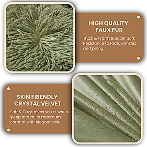 MEGO Luxury Shaggy Faux Fur Duvet Cover Set, Ultra Soft 3 Pieces Fluffy Comforter Cover Set, Fuzzy Bedding Set(1 Plush Furry Duvet Cover + 2 Pillowcases), Zipper Closure(Queen, Sage Green)