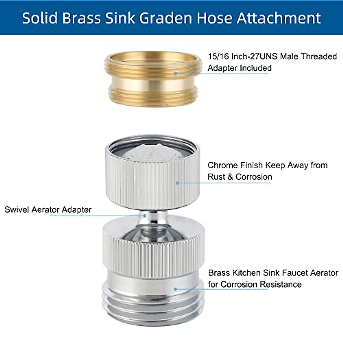 Hibbent Garden Hose Adapter Kit, Sink Swivel Faucet Aerator Adapter to Connect Garden Hose, Multi-Thread Garden Hose with Cache Faucet Aerator Key for Male to Male and Female to Male, Chrome Finish