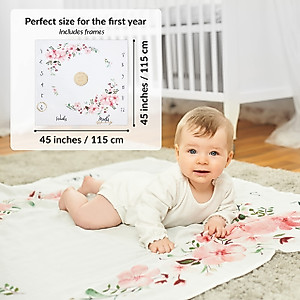 Baby Milestone Blanket | Cotton Muslin Swaddle Blanket | Monthly Photo Mat for Newborn Girl | Cherry Blossom Flowers| Personalised Baby Shower Present for New Mums | Age Mat | Includes Wooden Frames
